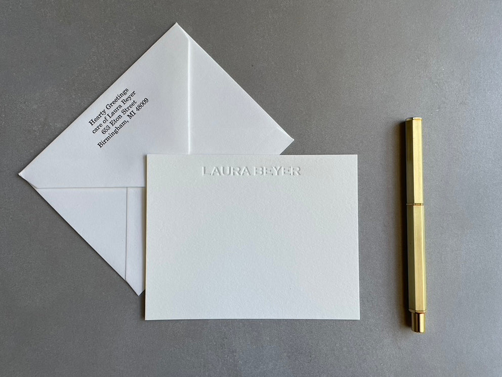 Blind Embossed Custom Name Letterpress Stationery. Personalized Notecards with Envelopes